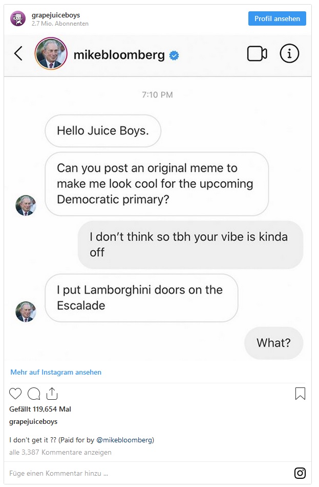 US-Wahl 2020: Bloomberg setzt auf Insta-Memes